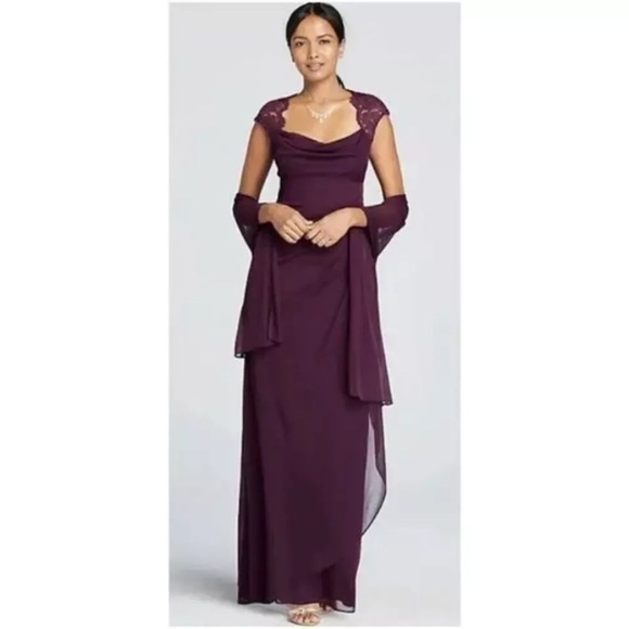 Xscape | Dresses | Xscape By Joanna Chen Deep Red Ruched Lace Cap ...